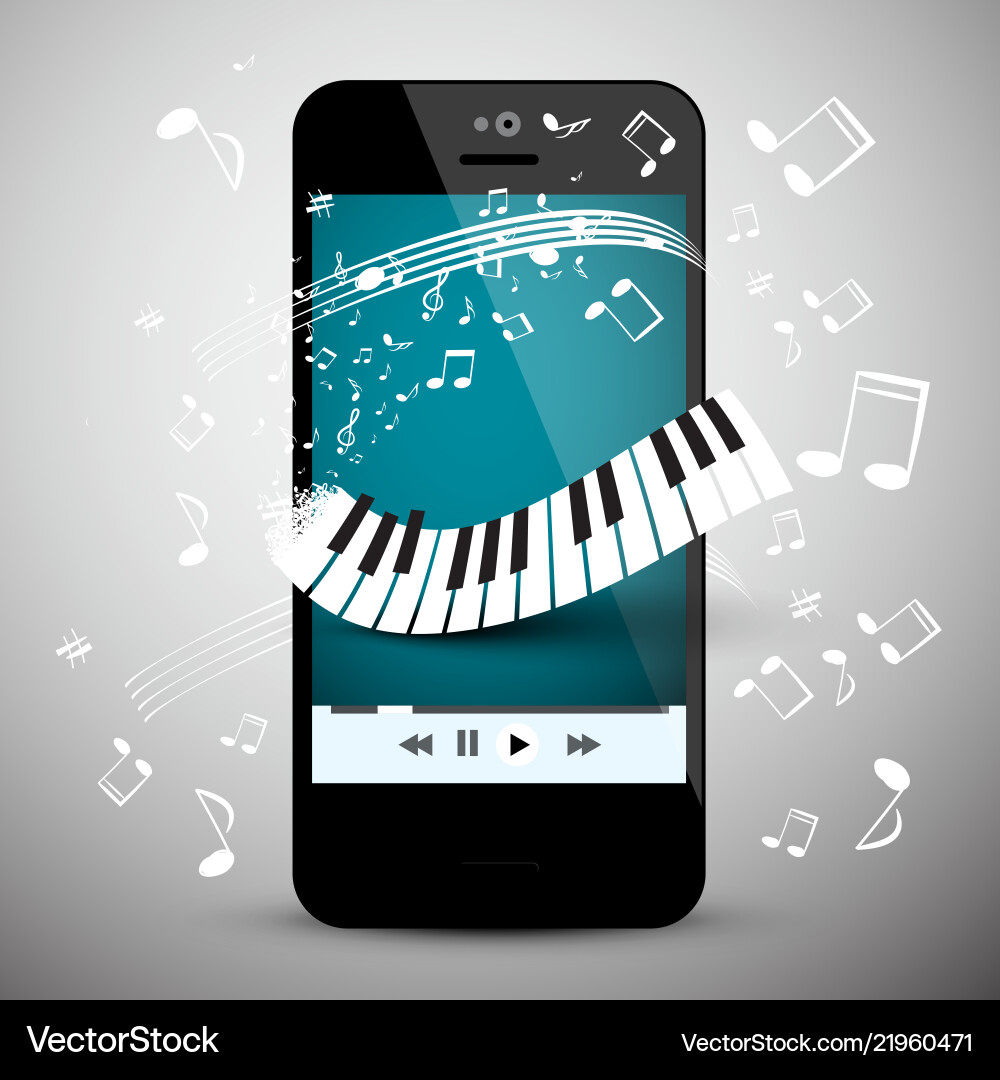 Music app on mobile phone with keyboard and notes Vector Image