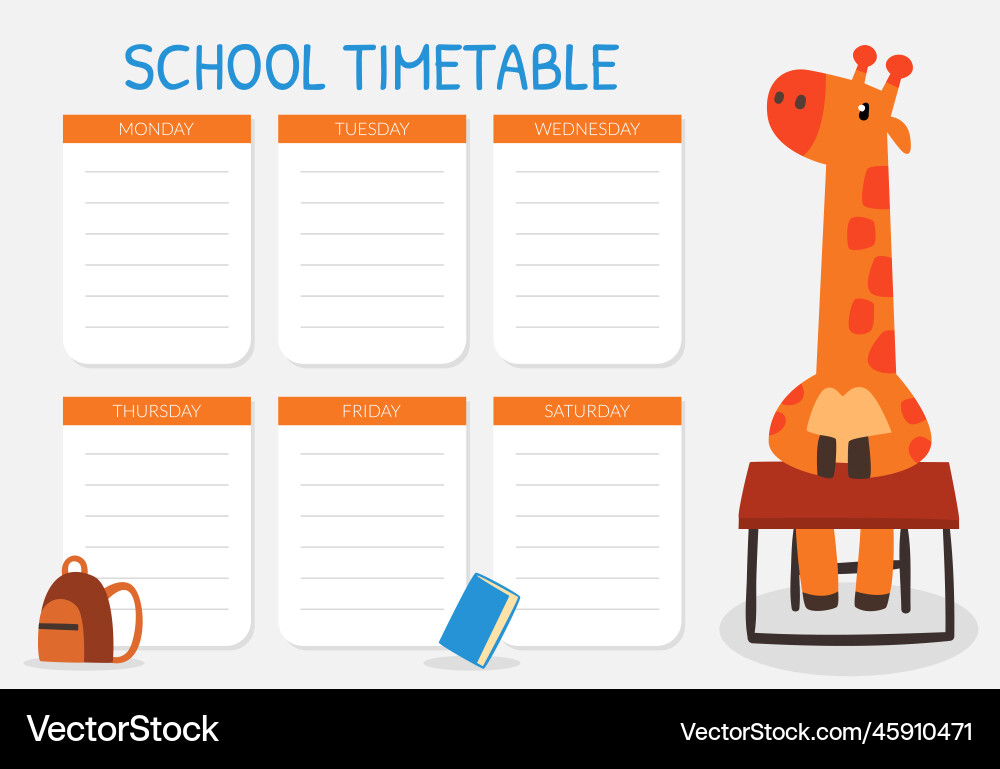 School timetable with cute giraffe animal sitting Vector Image