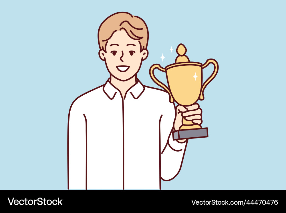 Man holding gold prize celebrating win Royalty Free Vector