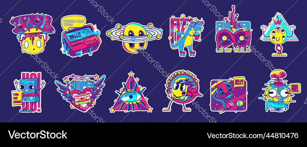 Psychedelic retro rave stickers with funny patches