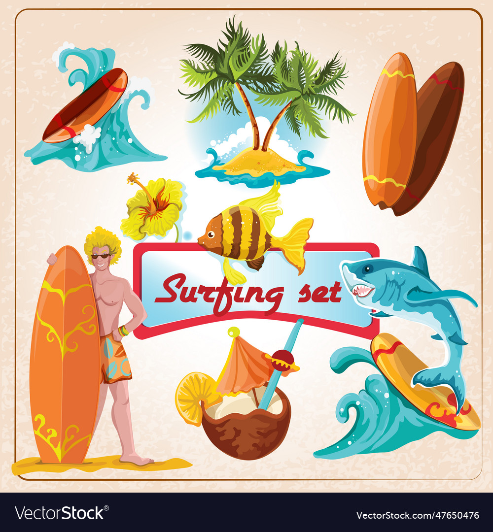 Surfing elements set Royalty Free Vector Image