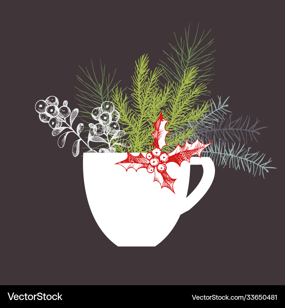 Cup with christmas plants hand-drawn Royalty Free Vector