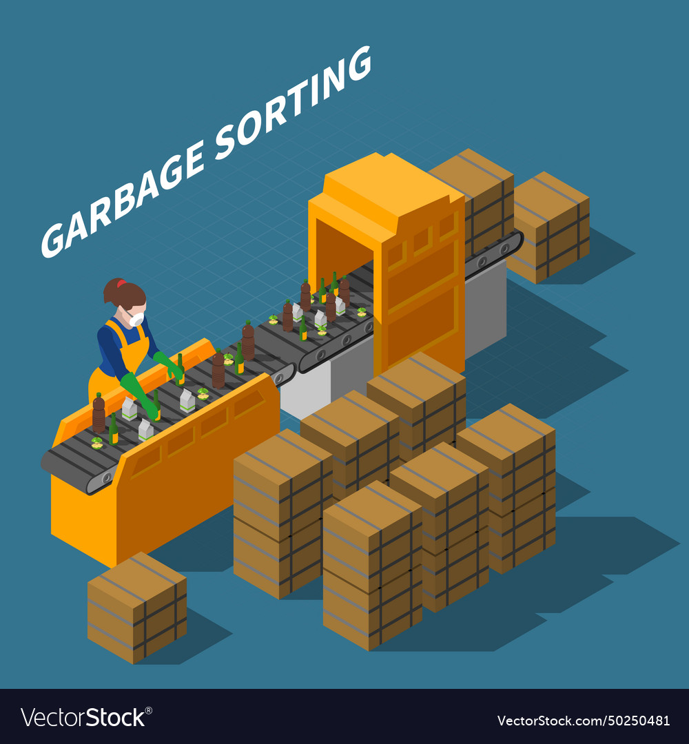Garbage sorting conveyor composition Royalty Free Vector
