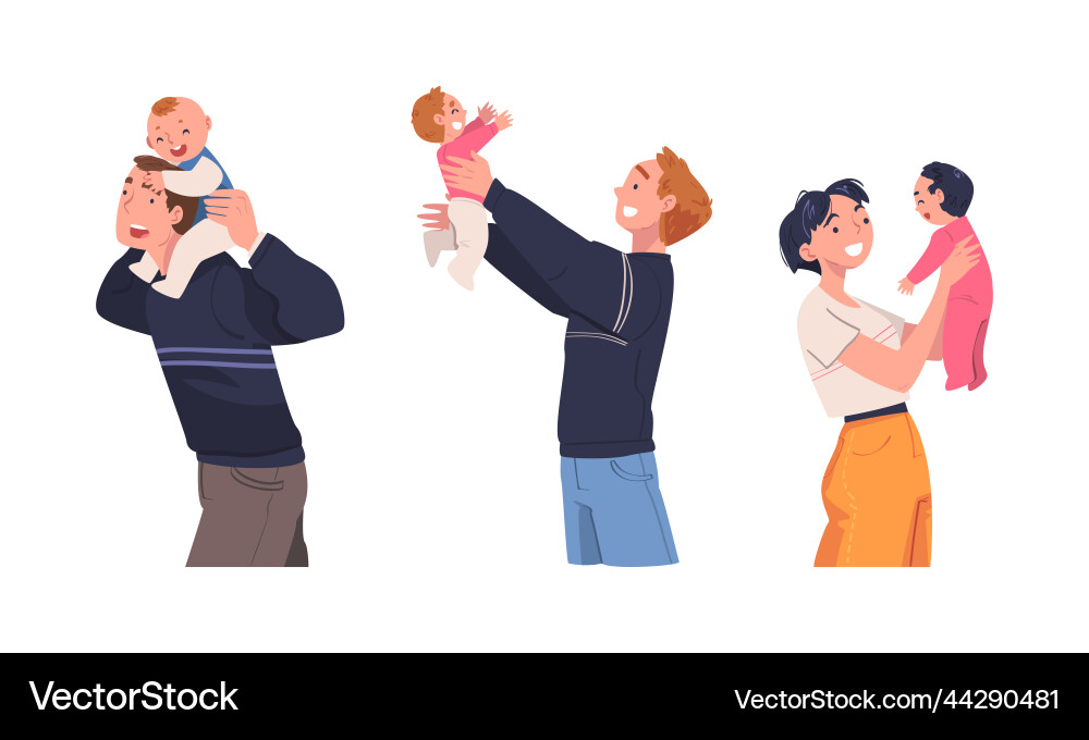 Happy parents holding babies set father Royalty Free Vector