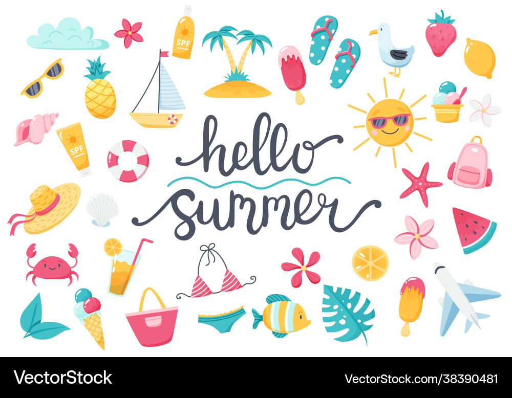 Summer set with lettering and cute beach elements Vector Image