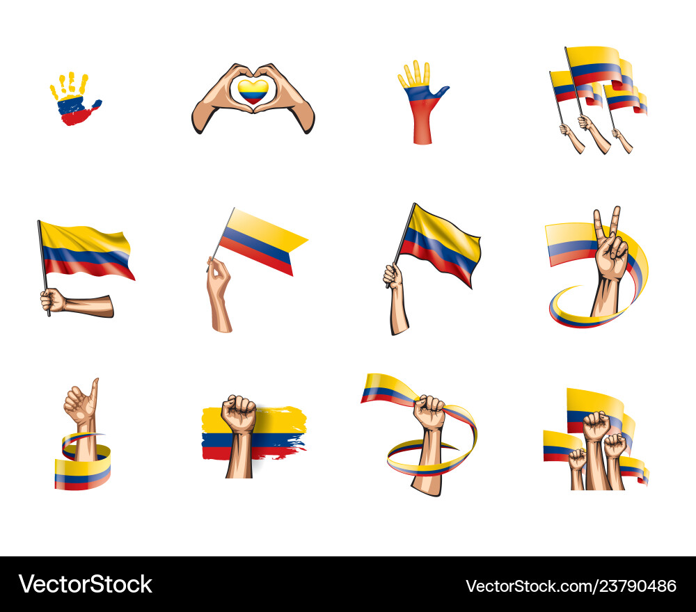 Colombia flag and hand on white background Vector Image