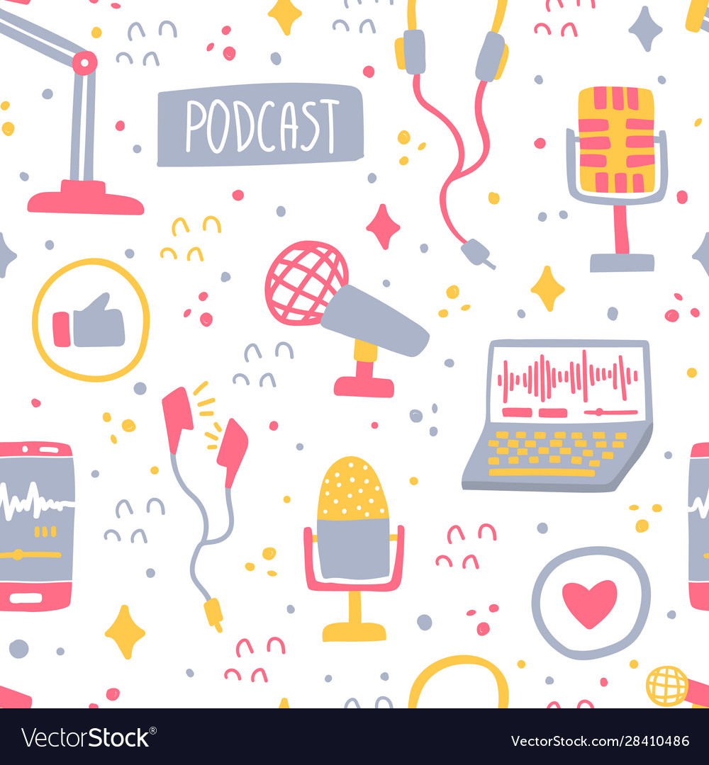 Podcast doodle elements seamless pattern Vector Image