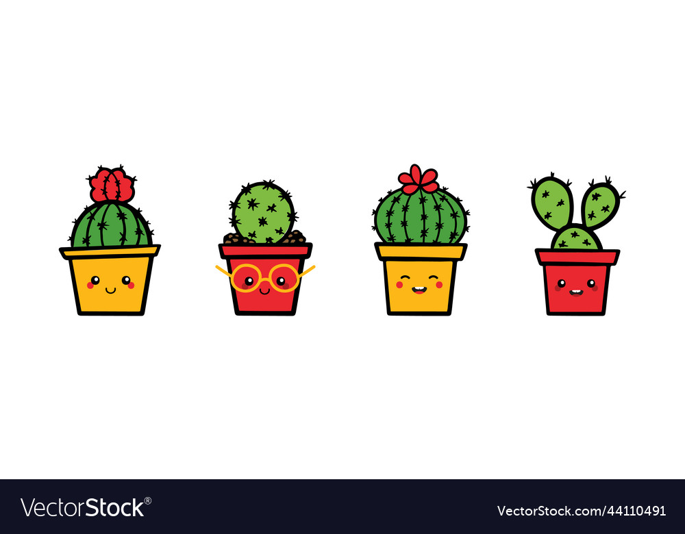 Doodle Cacti Cactus Succulents In Pot Characters Vector Image