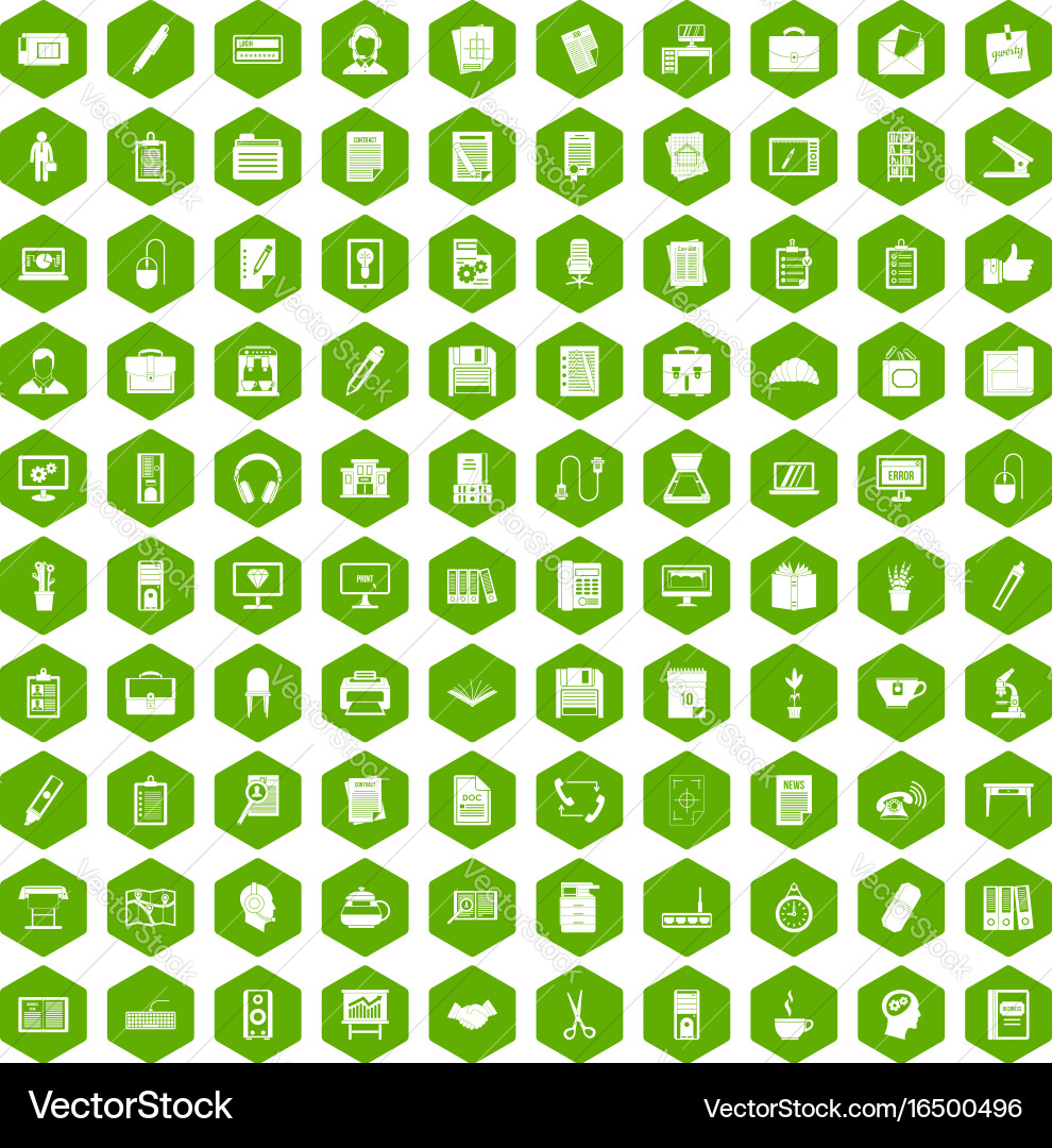 100 office icons hexagon green Royalty Free Vector Image