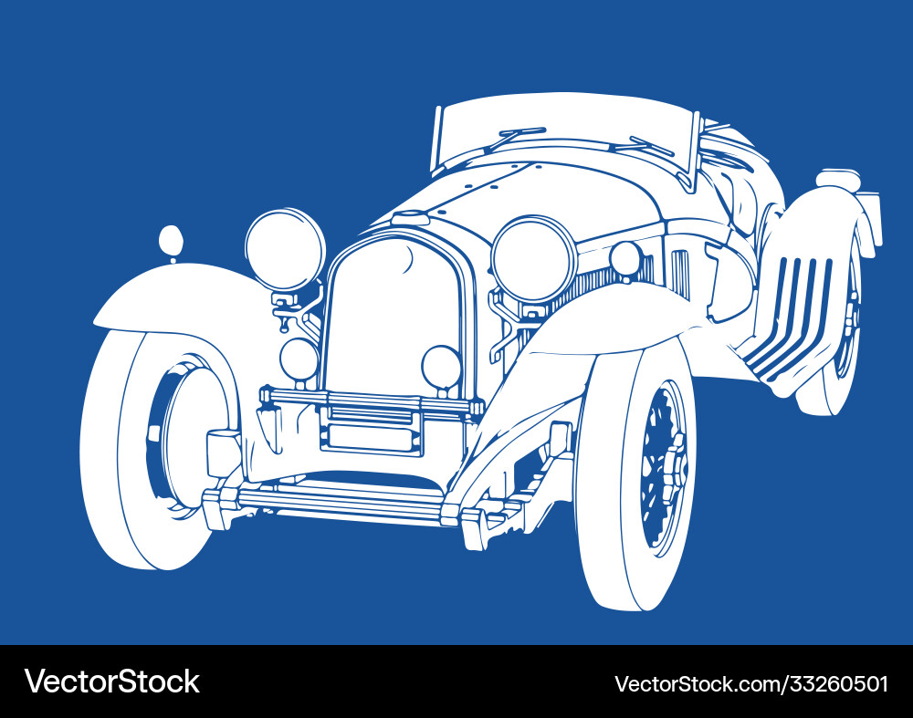 Drawing a retro car in white on blue Royalty Free Vector