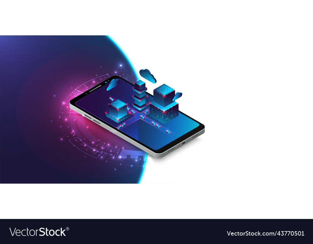 Isometric mobile phone ig data flow processing Vector Image