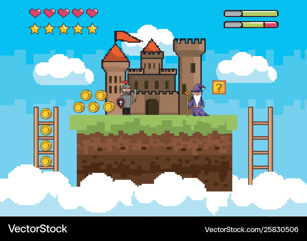 Arcade game world and pixel scene design Vector Image