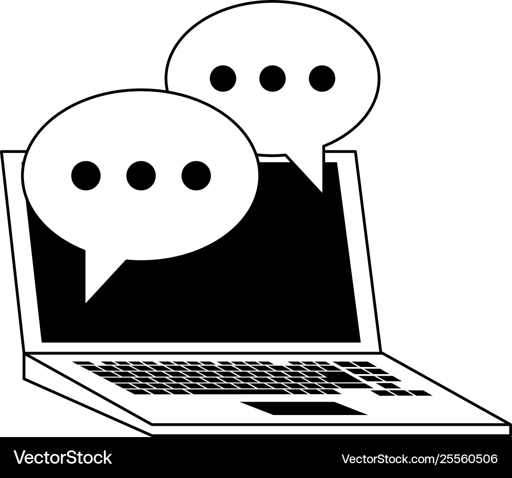 Laptop with chat bubbles symbols in black Vector Image