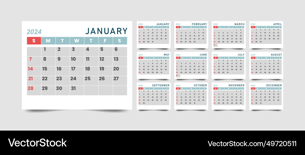 Monthly calendar template for 2024 year with Vector Image