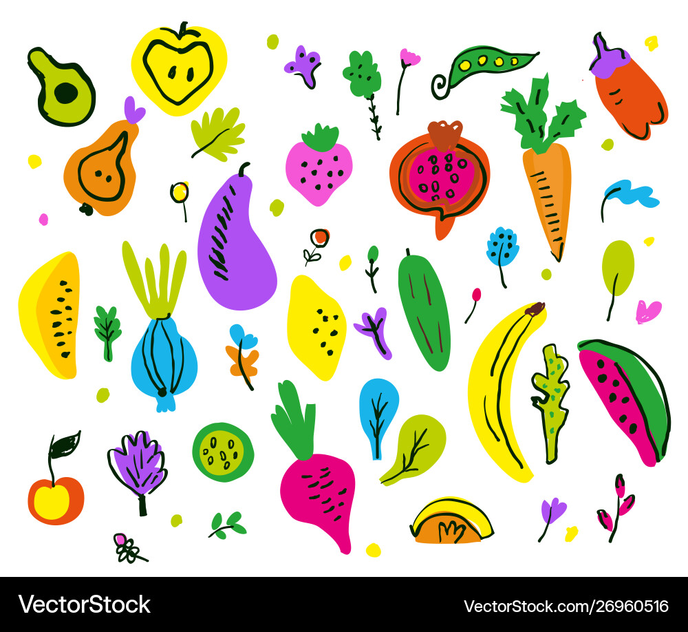 Fruits and vegetable decorative set sketchy style Vector Image