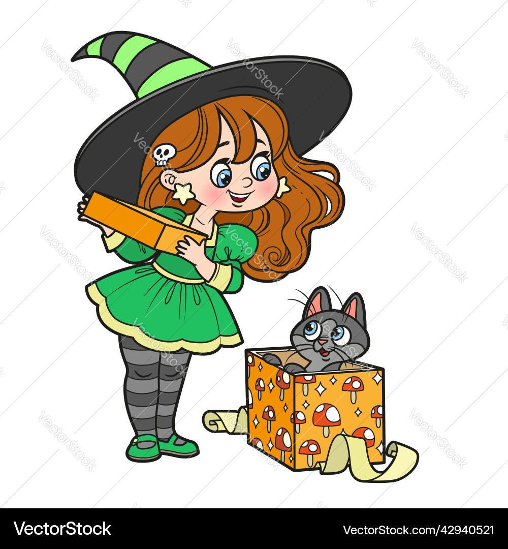 Cute cartoon witch open gift box with cat color Vector Image