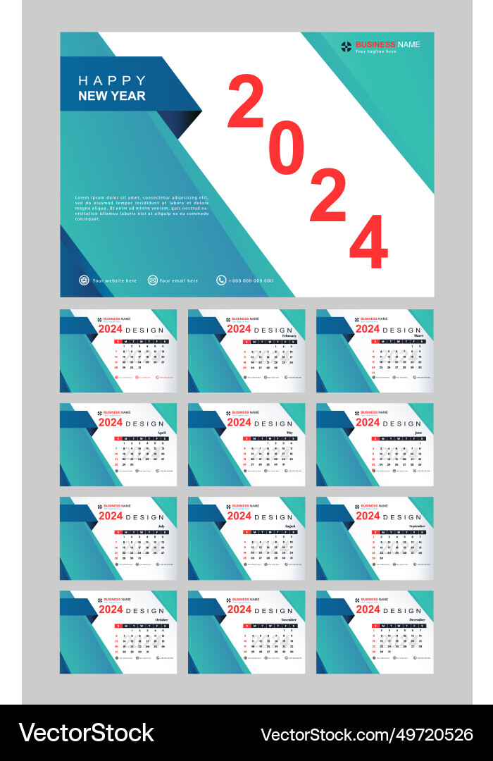 Monthly calendar set template for 2024 year with Vector Image