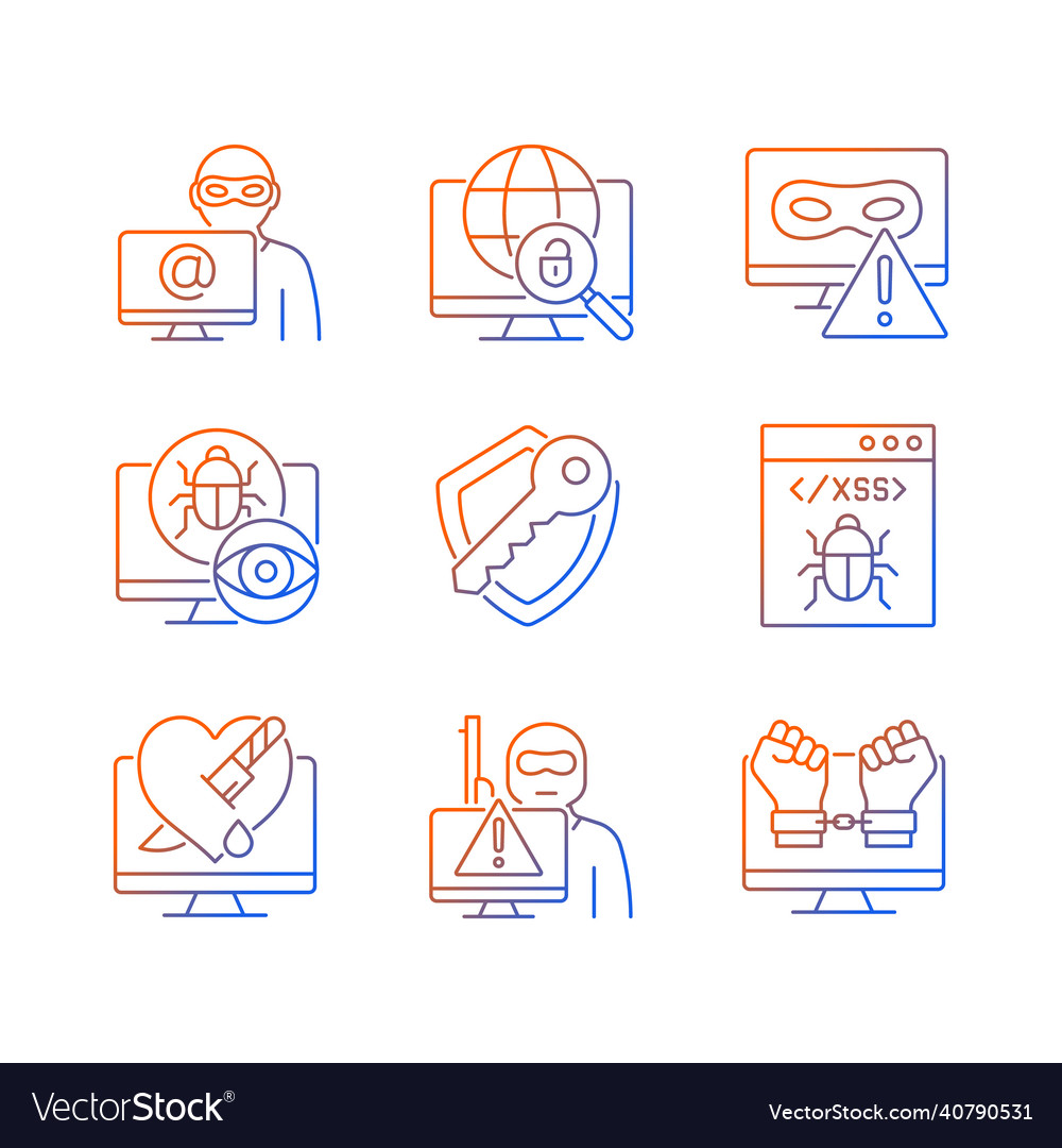 Cyber attacks types gradient linear icons set Vector Image