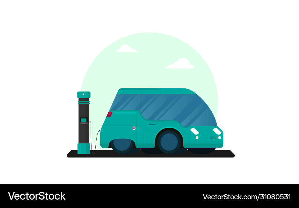 Flat electric car charging at charger Royalty Free Vector
