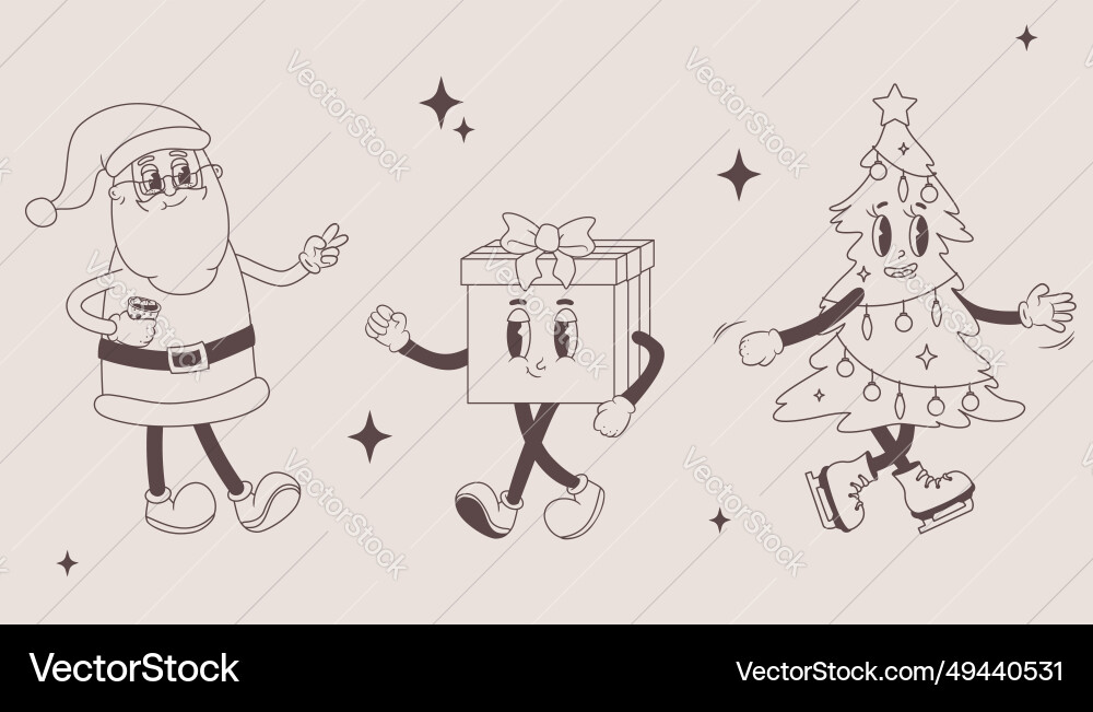 Groovy christmas characters outline set Royalty Free Vector