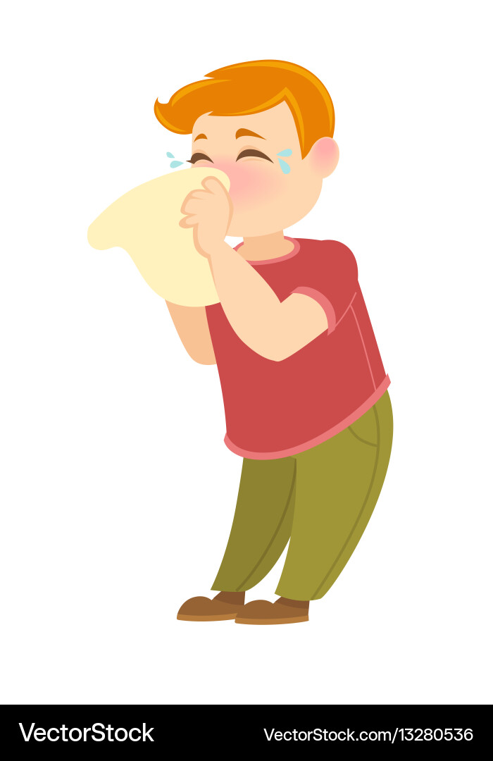 Depressed boy crying in handkerchief isolated Vector Image