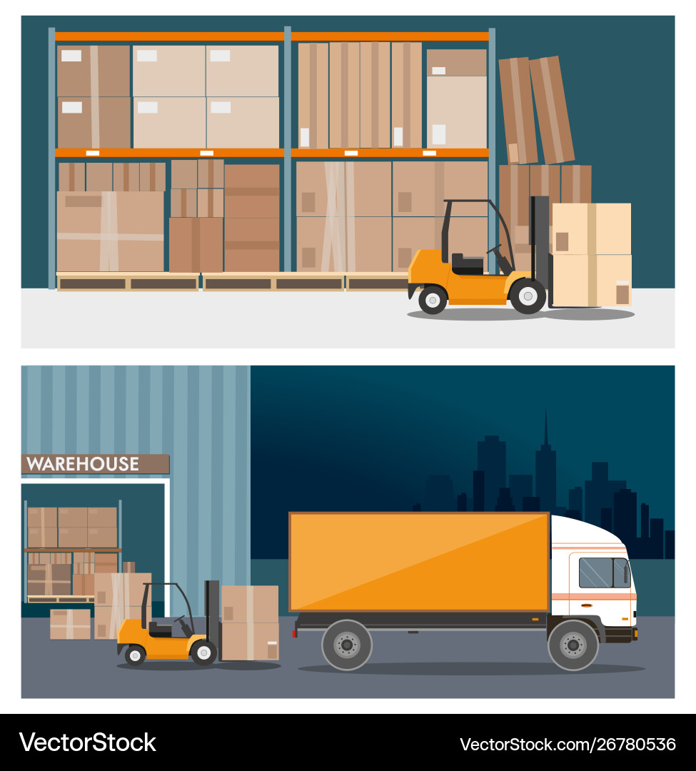 Forklift truck in warehouse building Royalty Free Vector