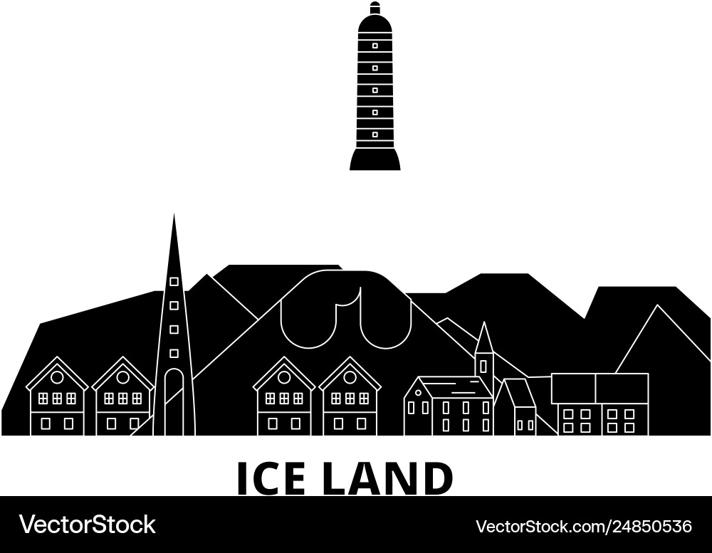 Iceland flat travel skyline set black Royalty Free Vector