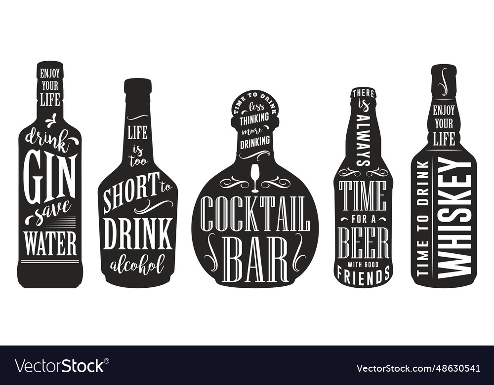 Alcoholic bottles set labels monochrome Royalty Free Vector Alcoholic bottles set labels monochrome Royalty Free Vector