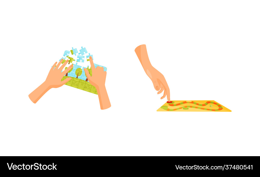 Human hand playing jigsaw puzzle and board game Vector Image