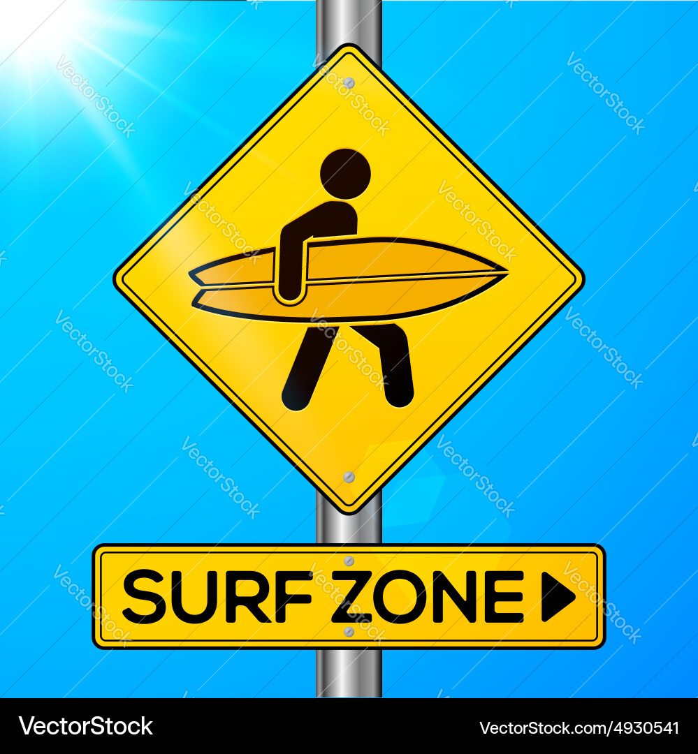 Surf zone yellow road sign on sky background Vector Image