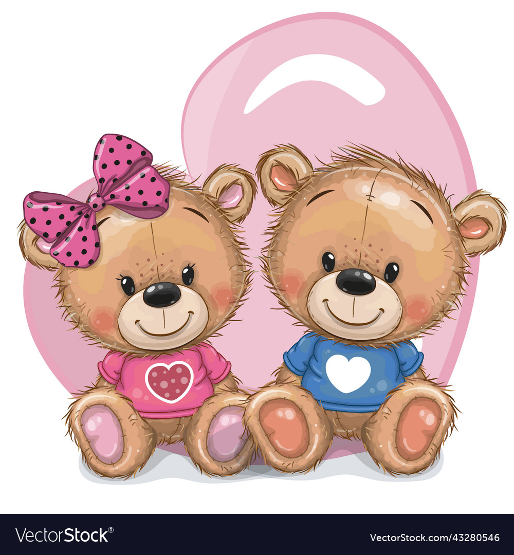 Cute cartoon teddy bears on a heart background Vector Image