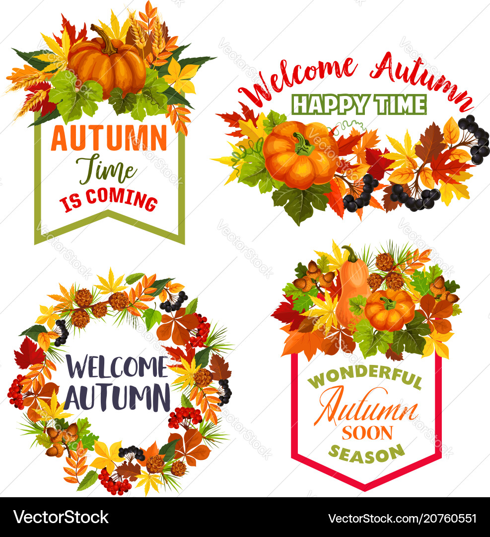 Autumn welcome fall leaf acorn icons Royalty Free Vector