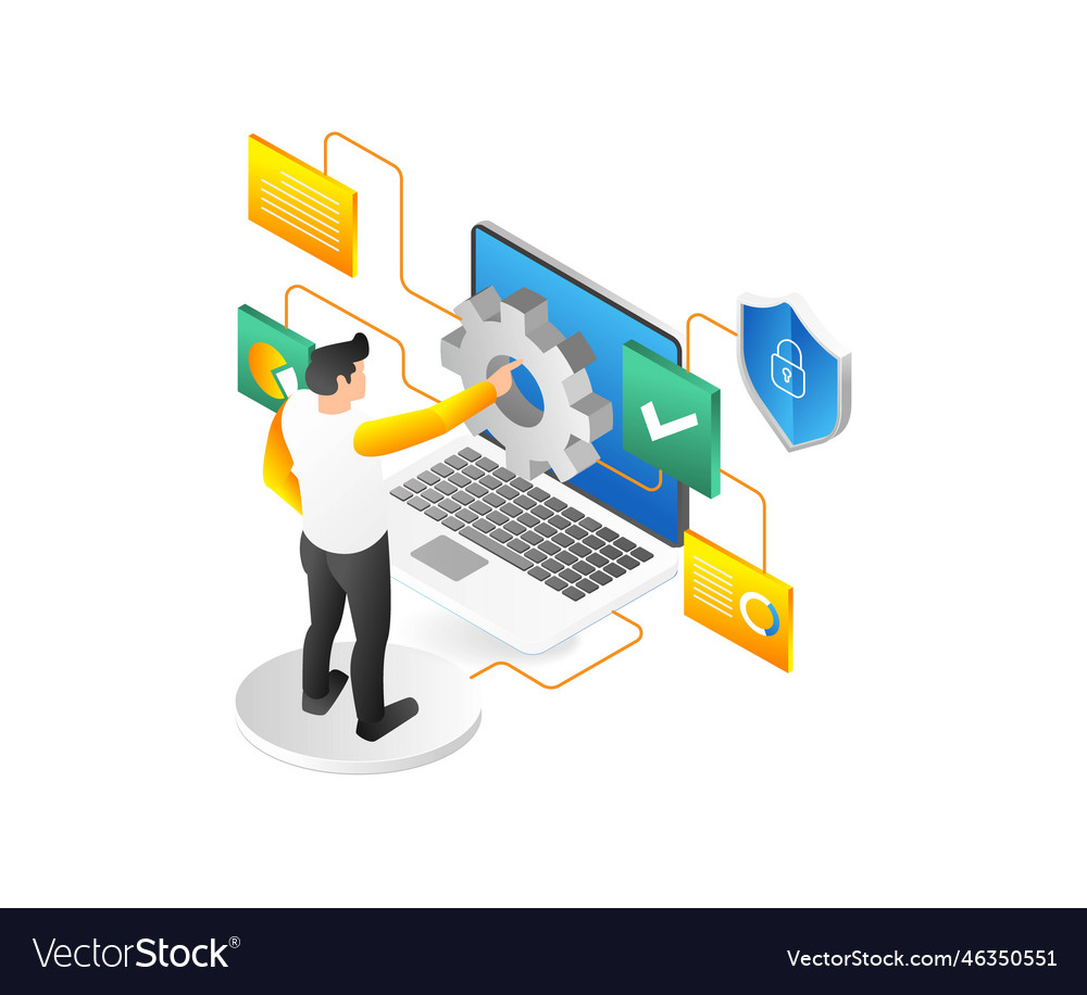 Isometric flat 3d concept of man controlling Vector Image