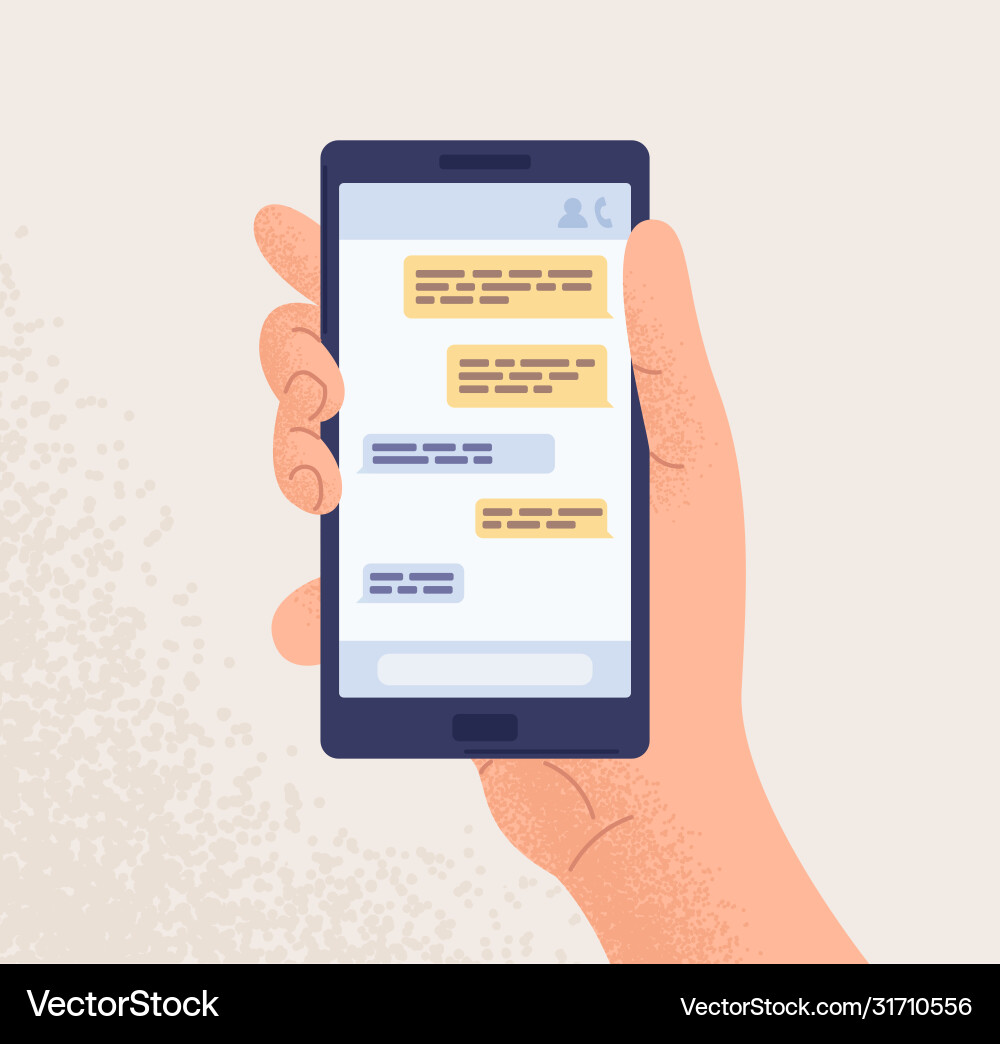 Male hand holding smartphone with message chart on