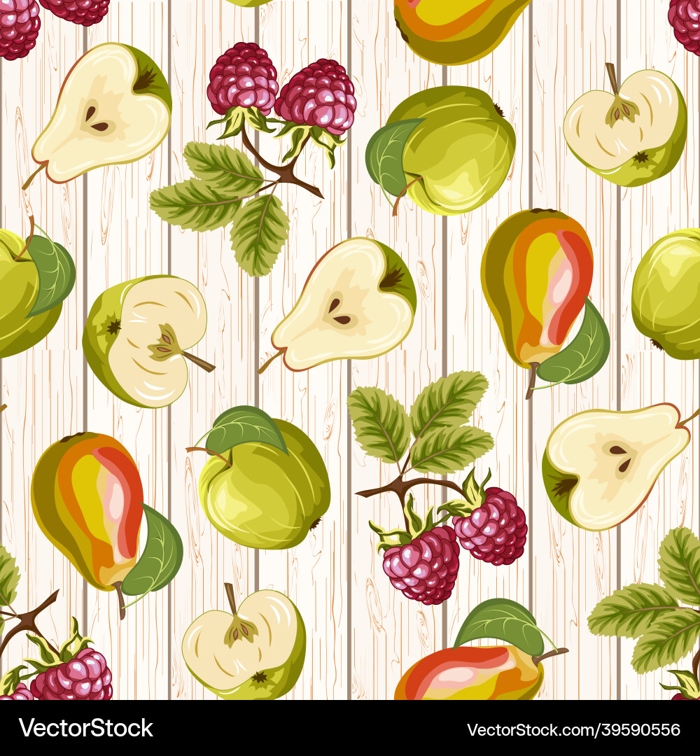 Pattern with fruits on a wooden background Vector Image