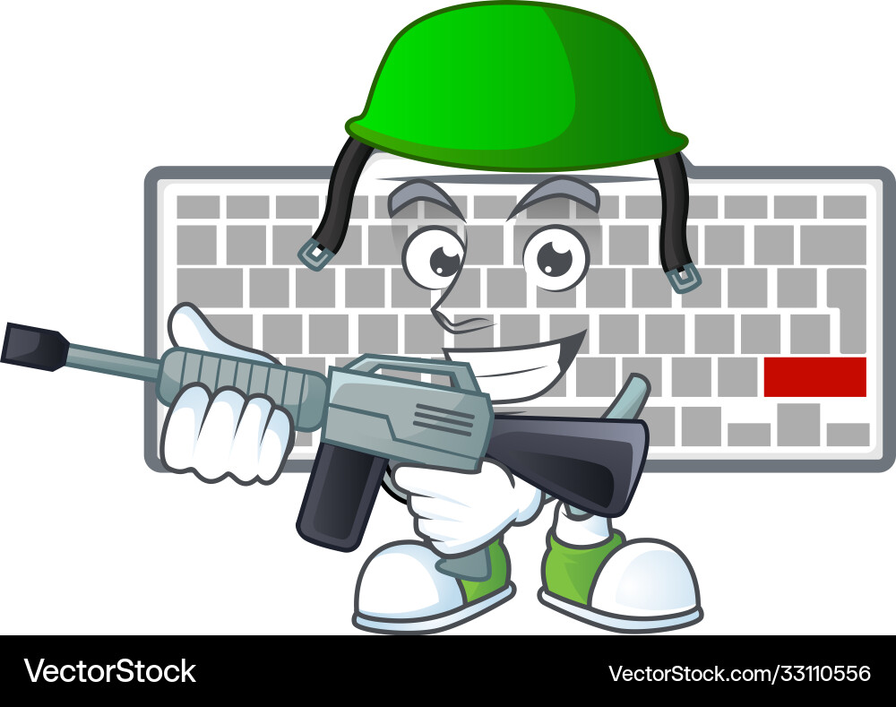 White keyboard in an army uniform with machine gun