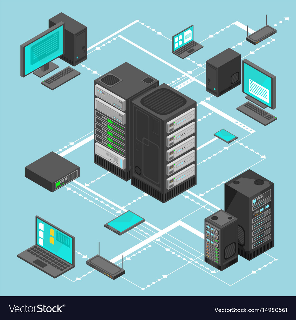 Data network management isometric map with Vector Image