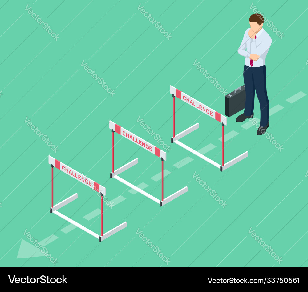Isometric businessman thinks over how to overcome Vector Image
