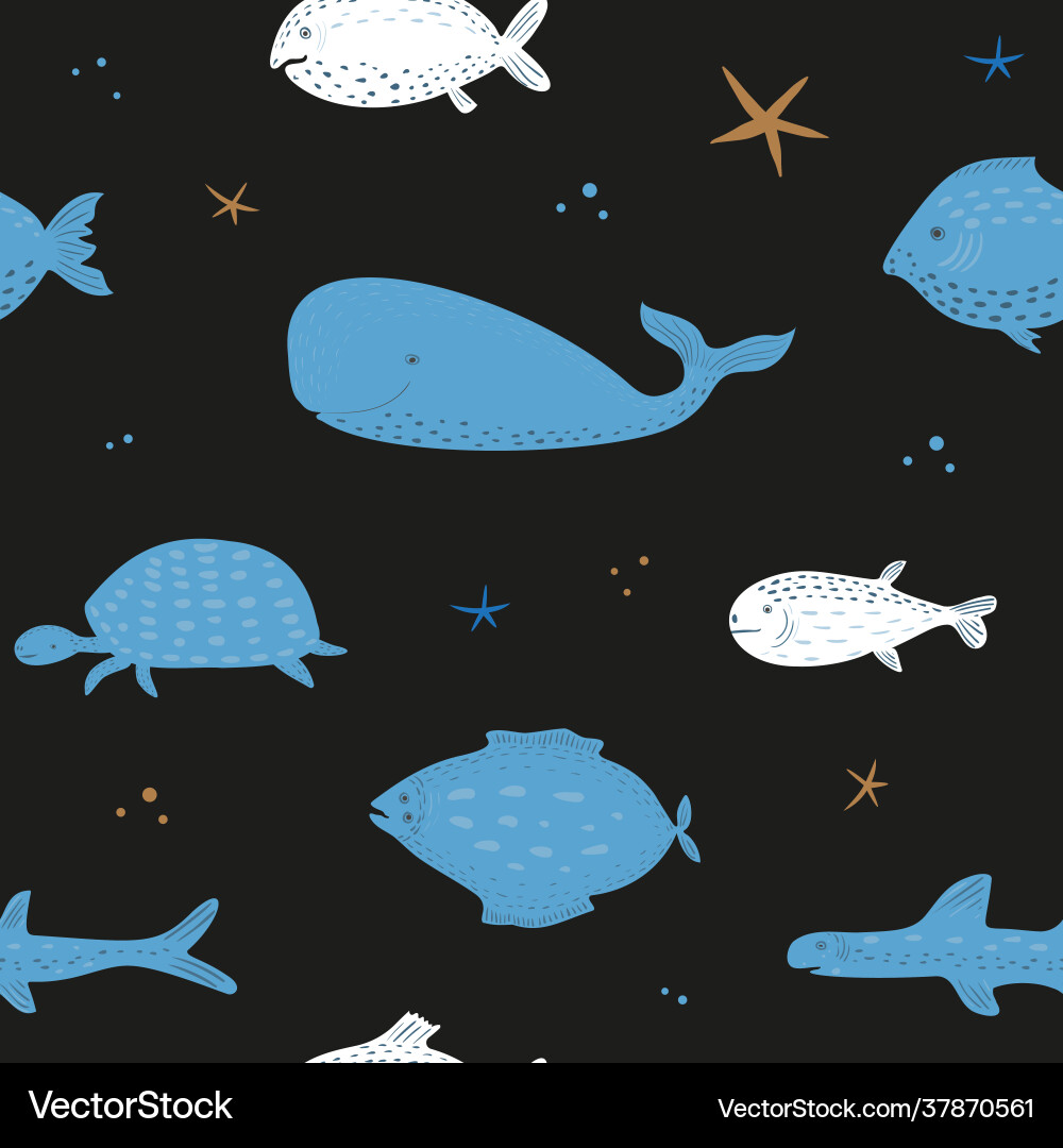 Seamless pattern with whales and fishes Royalty Free Vector