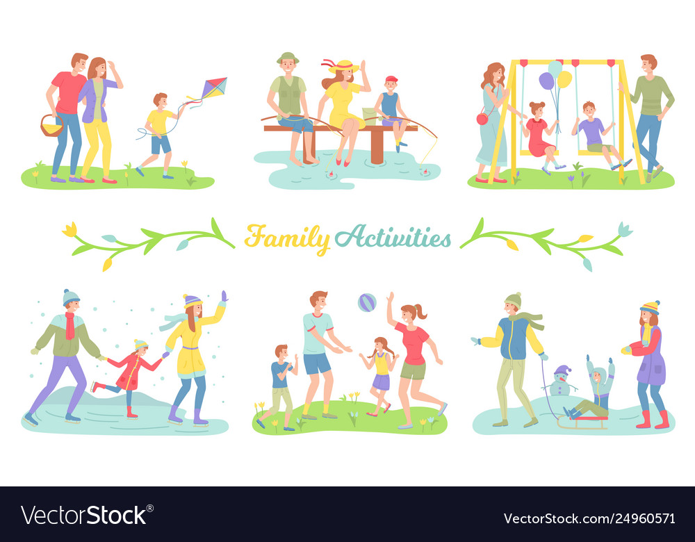 Family Activities Happy Parents And Children Set Vector Image family-activities-happy-parents-and-children-set-vector-image