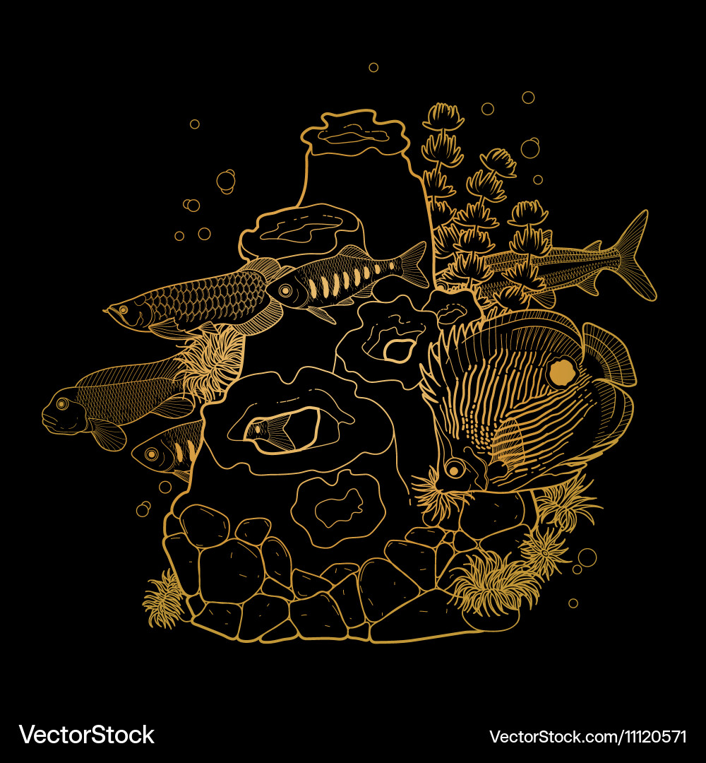 Graphic aquarium fish with coral reef Royalty Free Vector