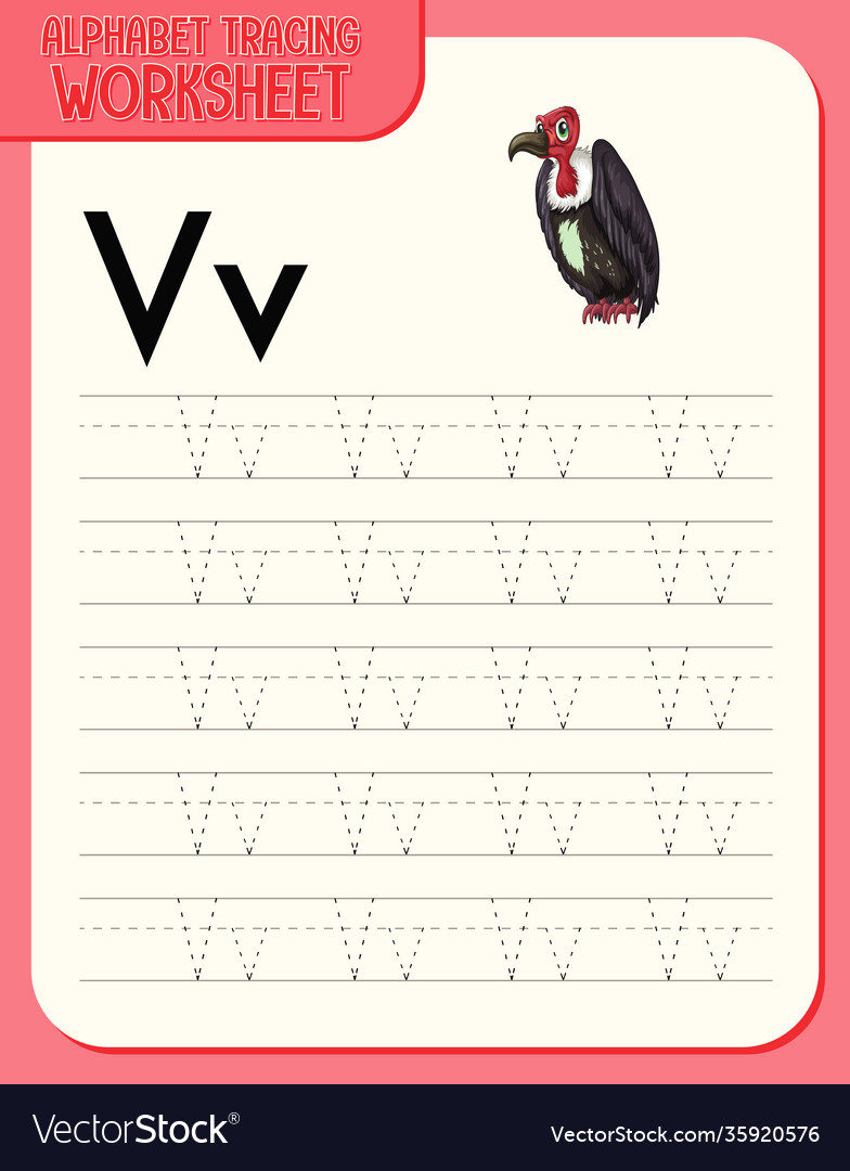 Alphabet tracing worksheet with letter v and v Vector Image