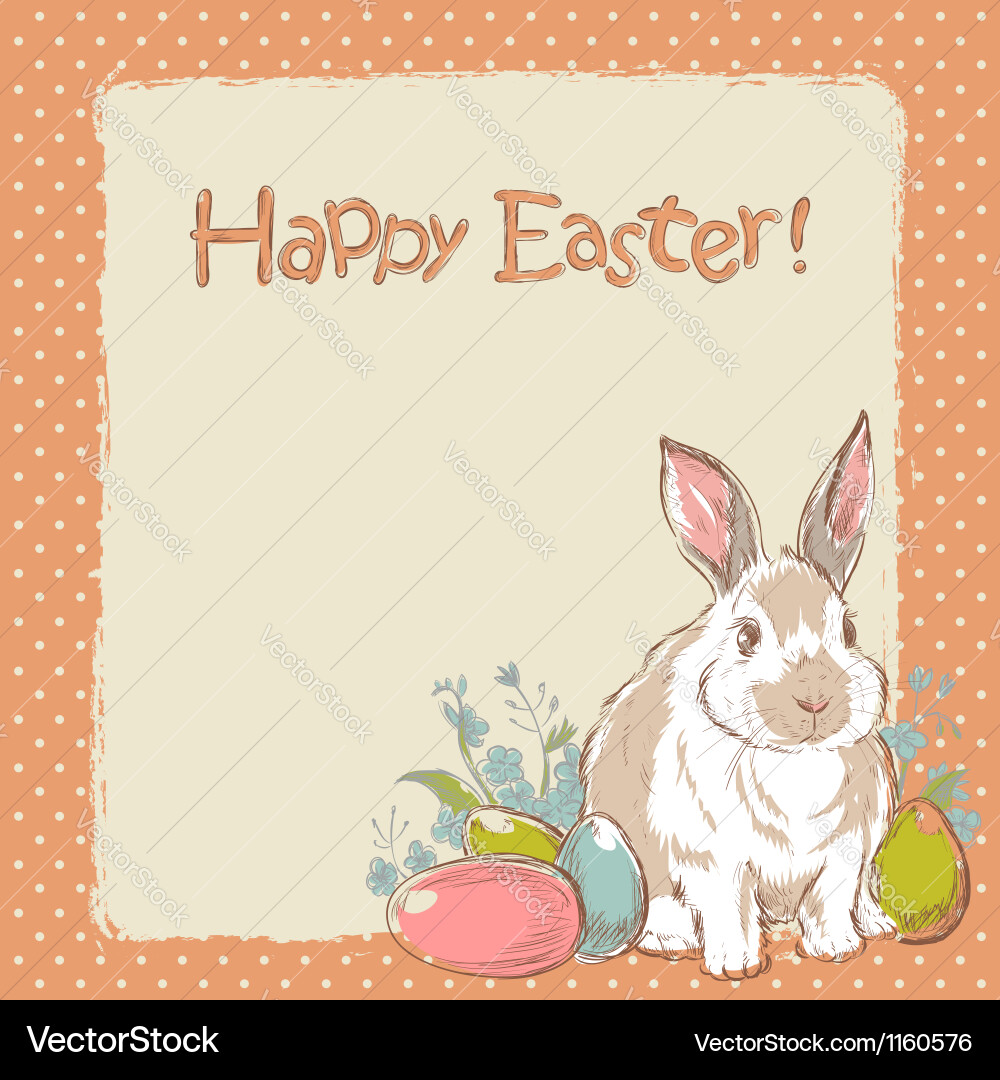 Easter bunny retro card with hand drawn flowers Vector Image
