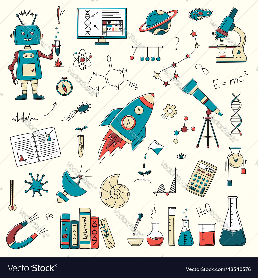 Science doodle set with rocket constellation Vector Image