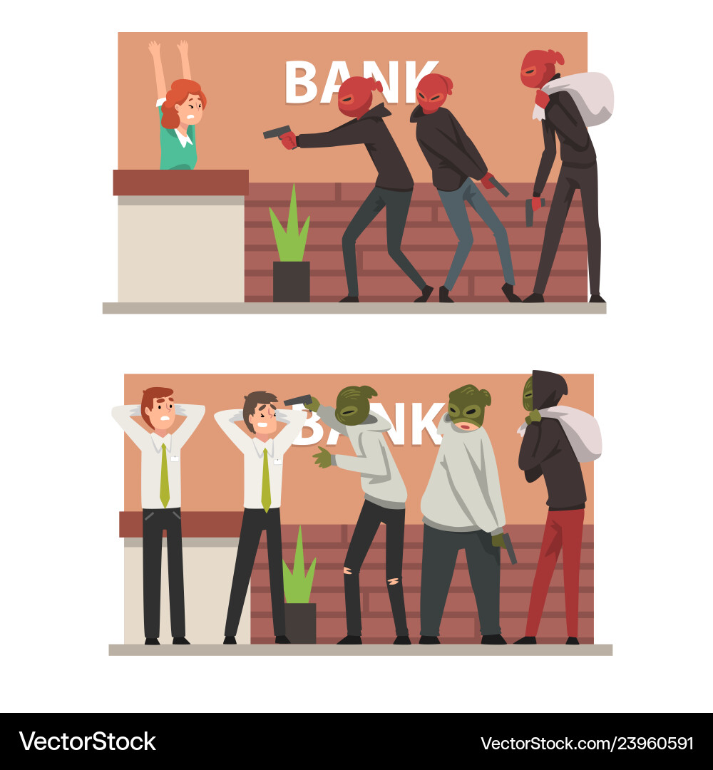 Bank robbery set armed masked burglars Royalty Free Vector