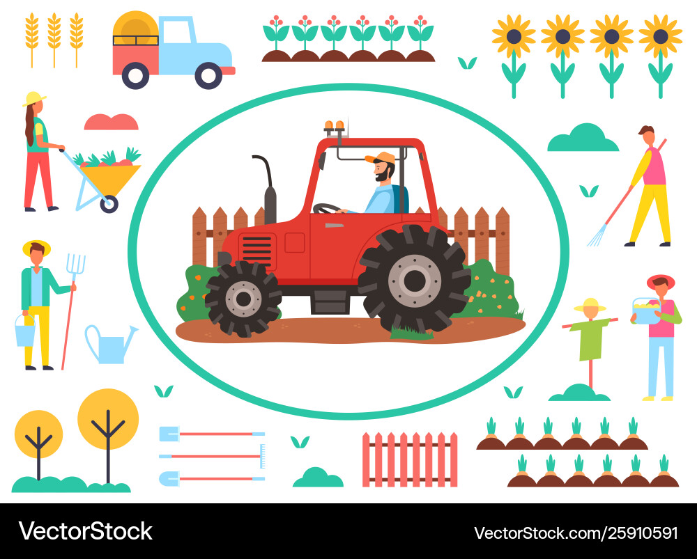 Farming agricultural machinery tractor in frame Vector Image
