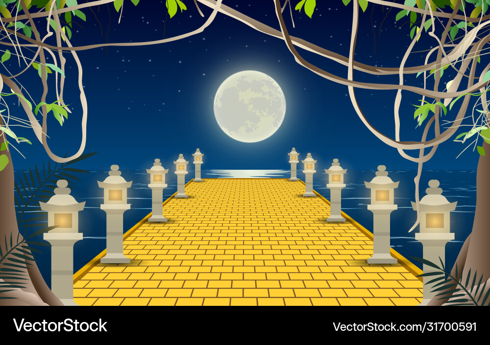 Landscape bridge on beach in moon night Royalty Free Vector