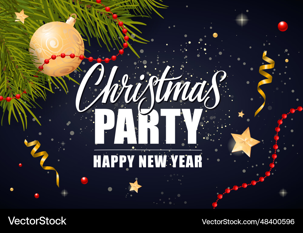 Christmas party lettering and ball Royalty Free Vector Image