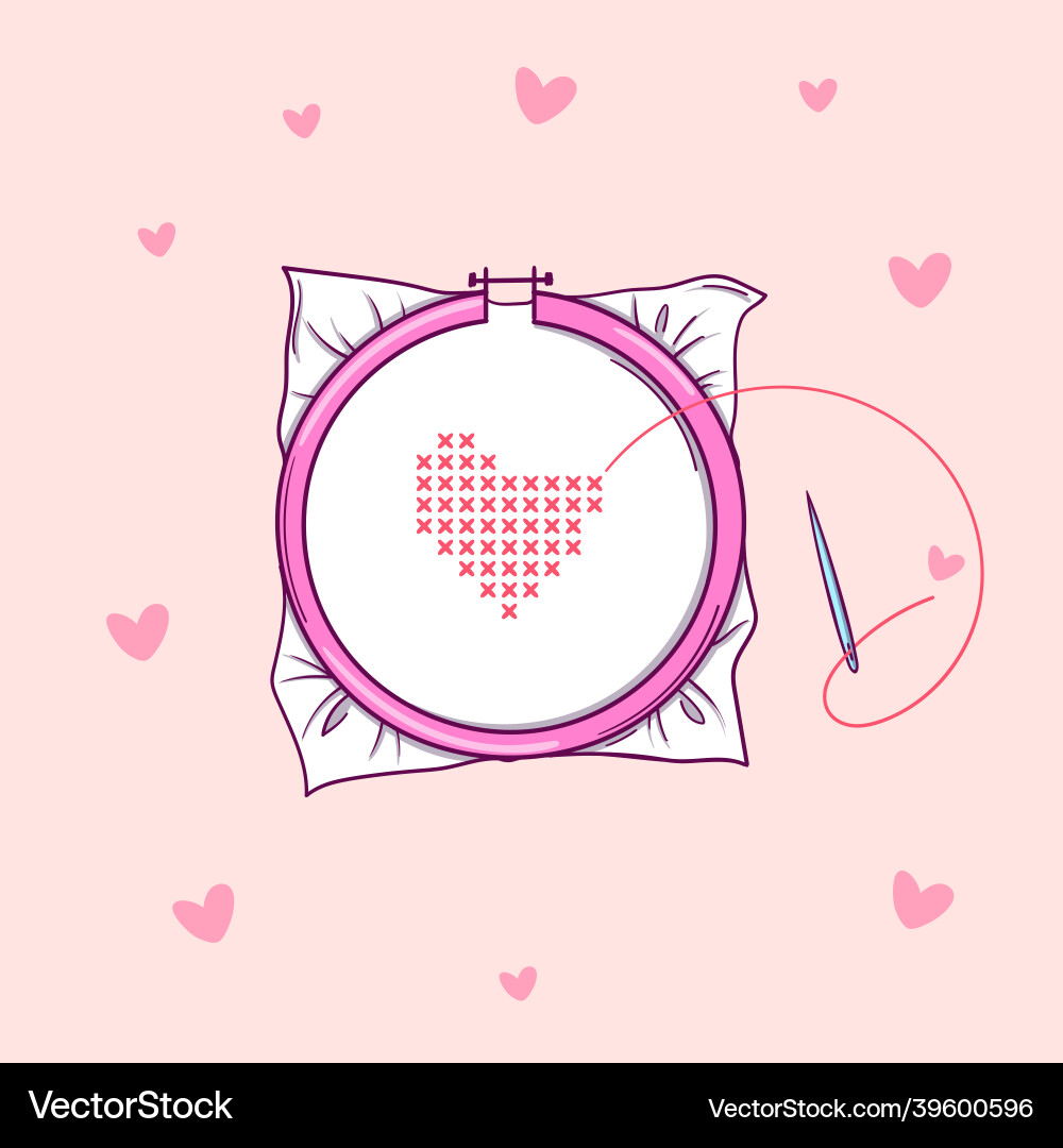Embroidery hoops with red heart embroidered Vector Image