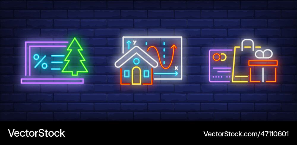 Christmas shopping neon sign set Royalty Free Vector Image